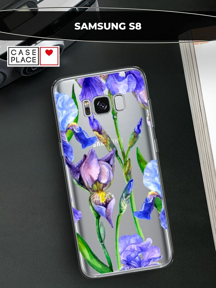 Чехол на Samsung Galaxy S8 / Самсунг Галакси С8 с принтом "Синие ирисы", прозрачный