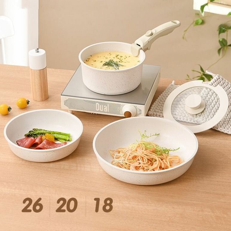Набор посуды cо съемной ручкой из 5 предметов, сковороды 20 см и 26 см, кастрюля для молока 18 см с крышкой