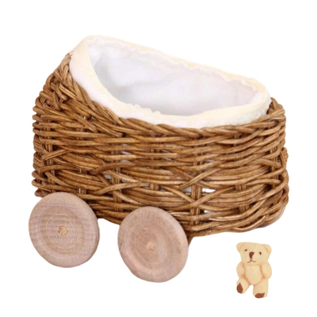 Реалистичная Миниатюрная Детская Коляска из Ротанга и Кукла-Медведь для декора Кукол с Шаровыми Шарнирами