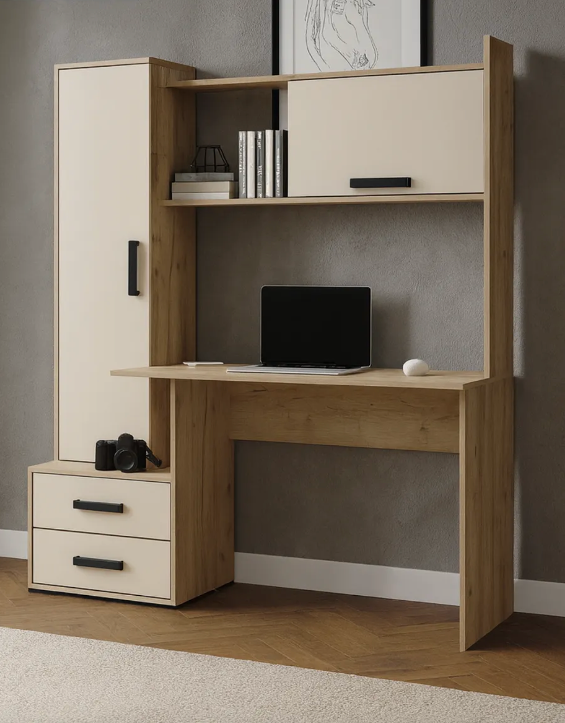 Письменный, компьютерный стол Квартет-9 (1400*1716*550 мм) дуб крафт серый/кашемир