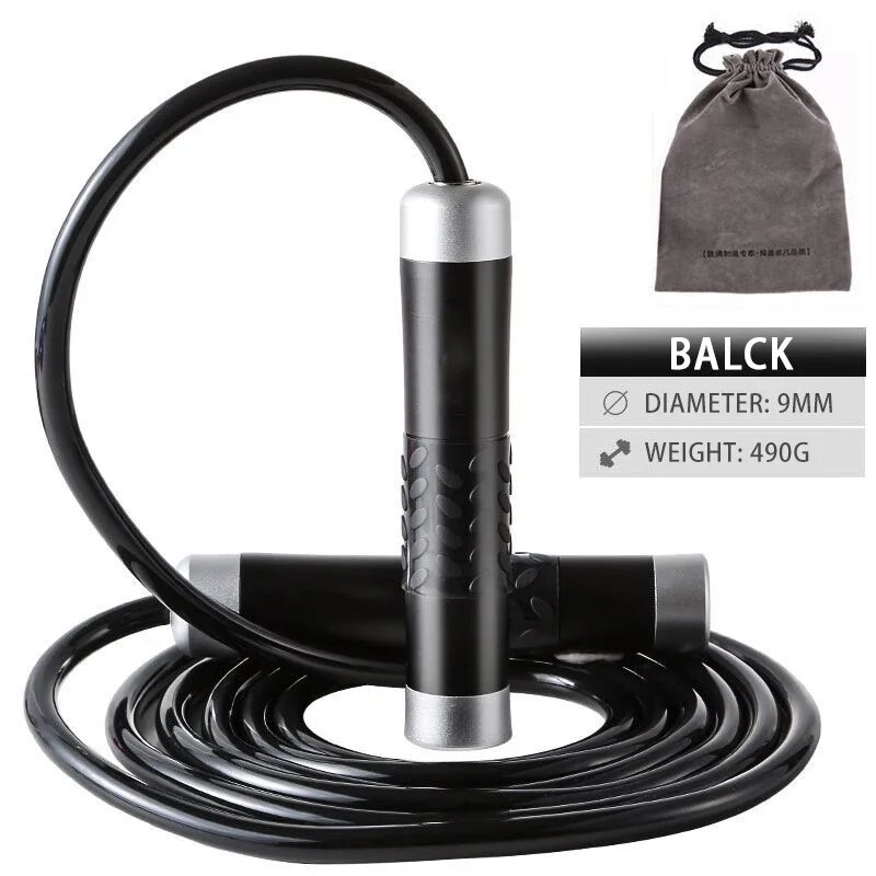 Регулируемая утяжеленная скакалка 3 м, тяжелая скакалка для тренировок, фитнеса, не спутывающиеся ручки с шарикоподшипниками, скоростная скакалка для тренажерного зала Черный, Black PU rope