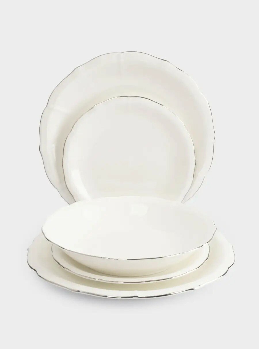 Сервиз обеденный, 12 персон, 36 предметов, костяной фарфор, белый, с серебристым кантом, Dynasty (Anna Lafarg)