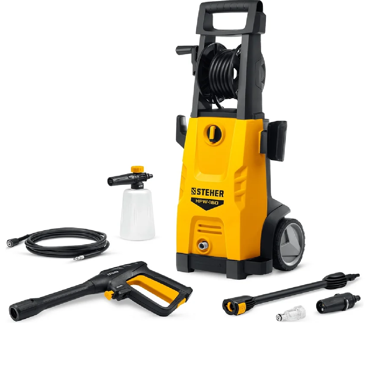 Мойка высокого давления Steher HPW-160, 160 атм, 2100 Вт, пистолет G-180, желтый/черный