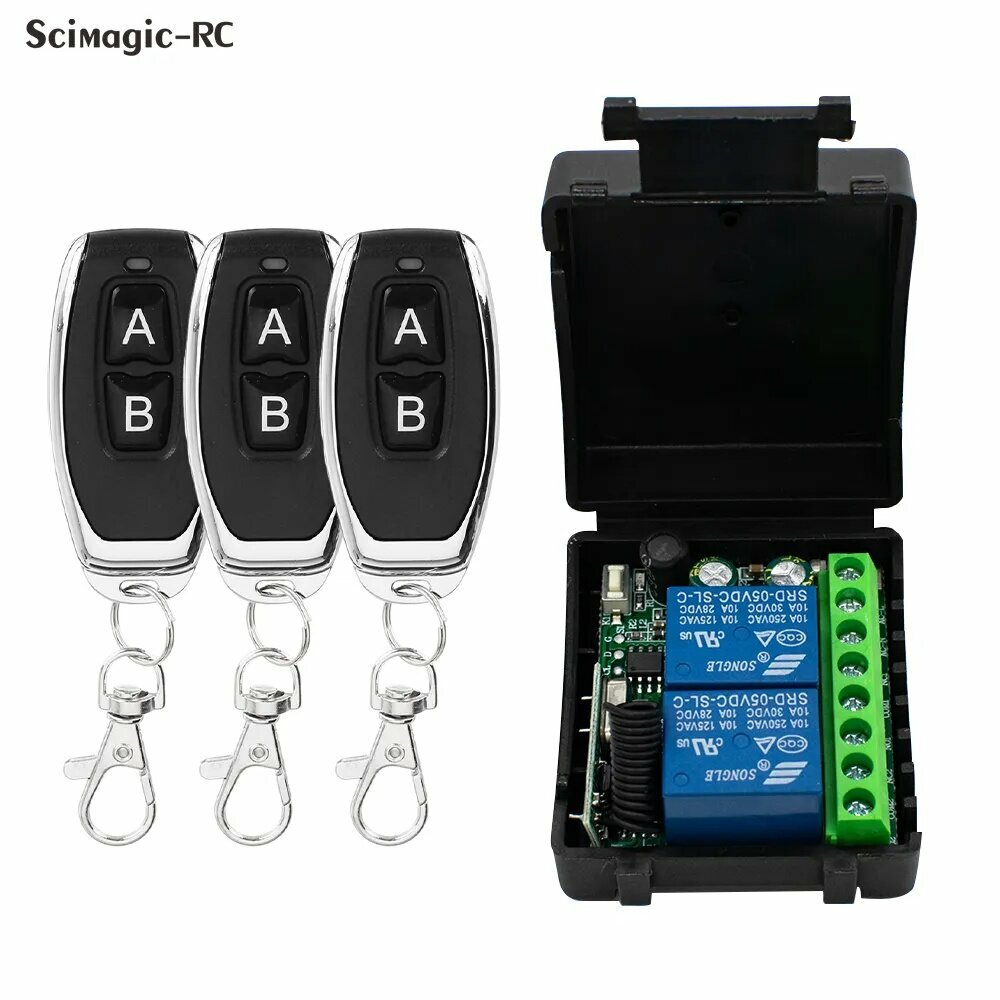 Двух канальное радиоуправляемое реле 220В 10А 433МГц. Радиореле для ворот, шлагбаумов. Дистанционный выключатель. Беспроводной переключатель. + все три пульта