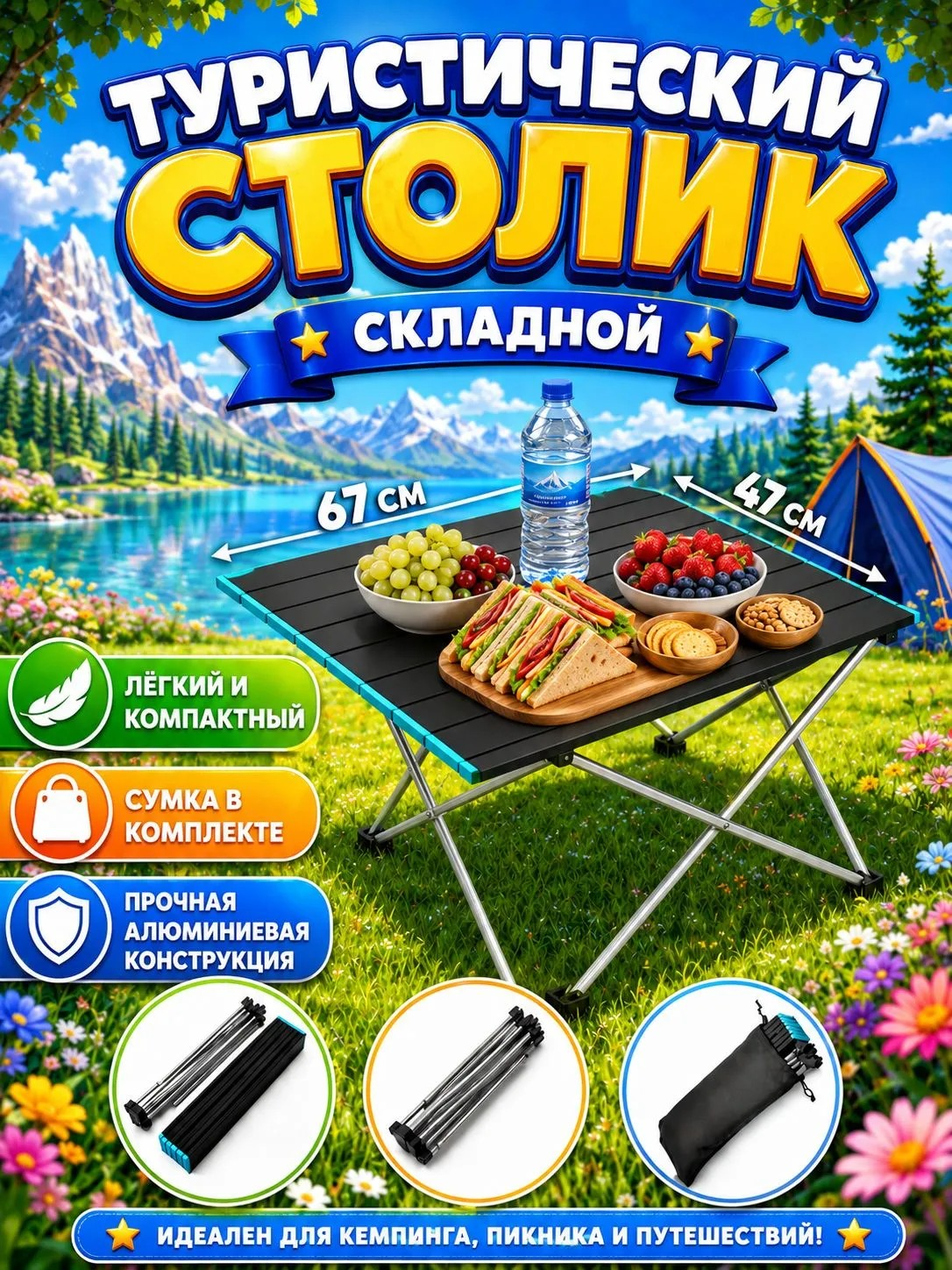 Складной стол туристический 67х47 на кемпинг, дачу/походный стол для рыбалки и охоты