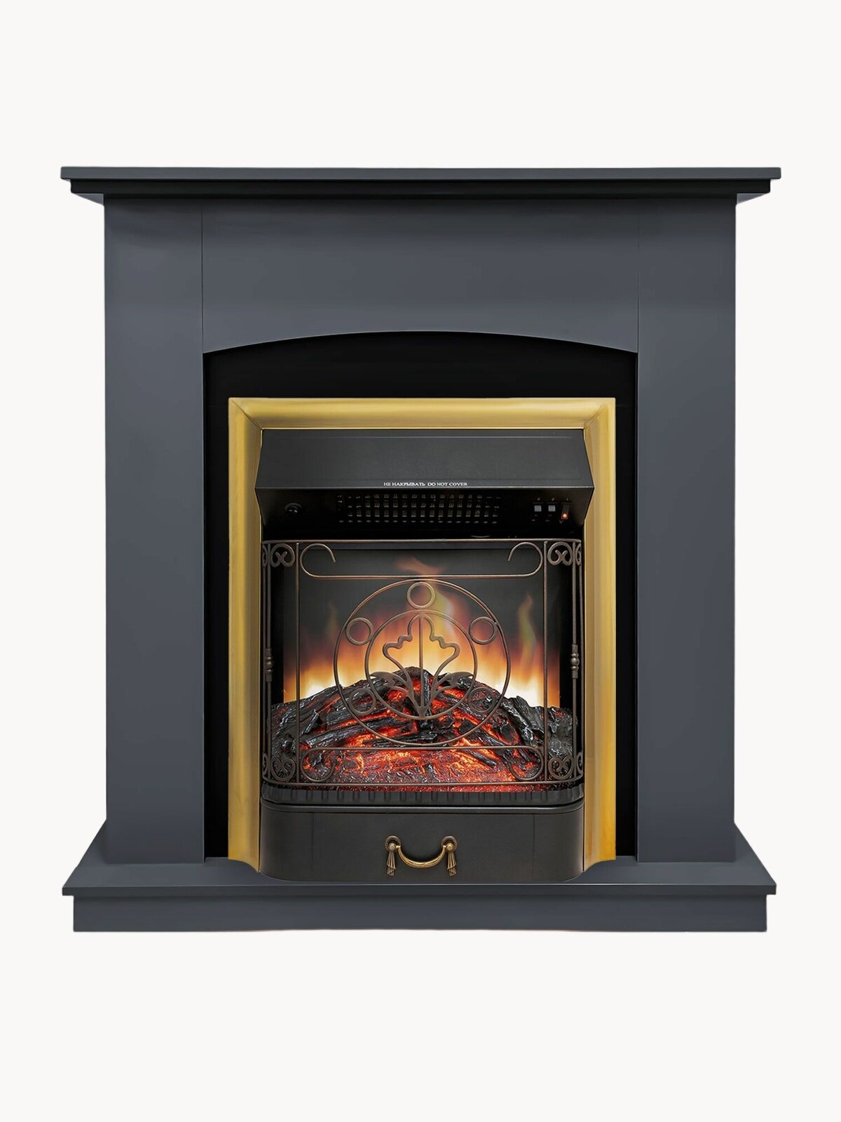 Камин электрический напольный Royal Flame BARCELONA в цвете графит с очагом Majestic Brass с эффектом реального пламени, ЛДСП, звуком потрескивания дров и обогревом 1.5 кВт