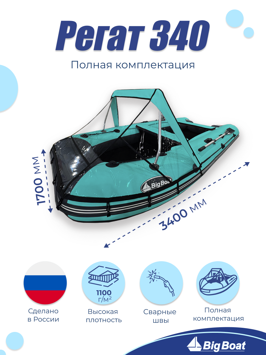 Надувная, под мотор, лодка в полной комплектации (носовой тент, Эва коврик, мягкие накладки) из ПВХ Регат 340 НДНД