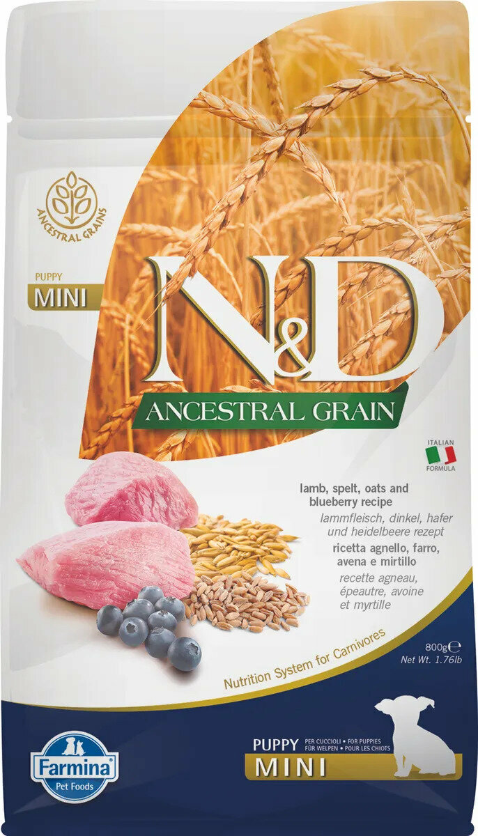 Farmina N&D Ancestral Grain Dog Lamb & Blueberry Puppy Mini сухой низкозерновой корм для щенков мелких пород с ягненком и черникой - 800 г