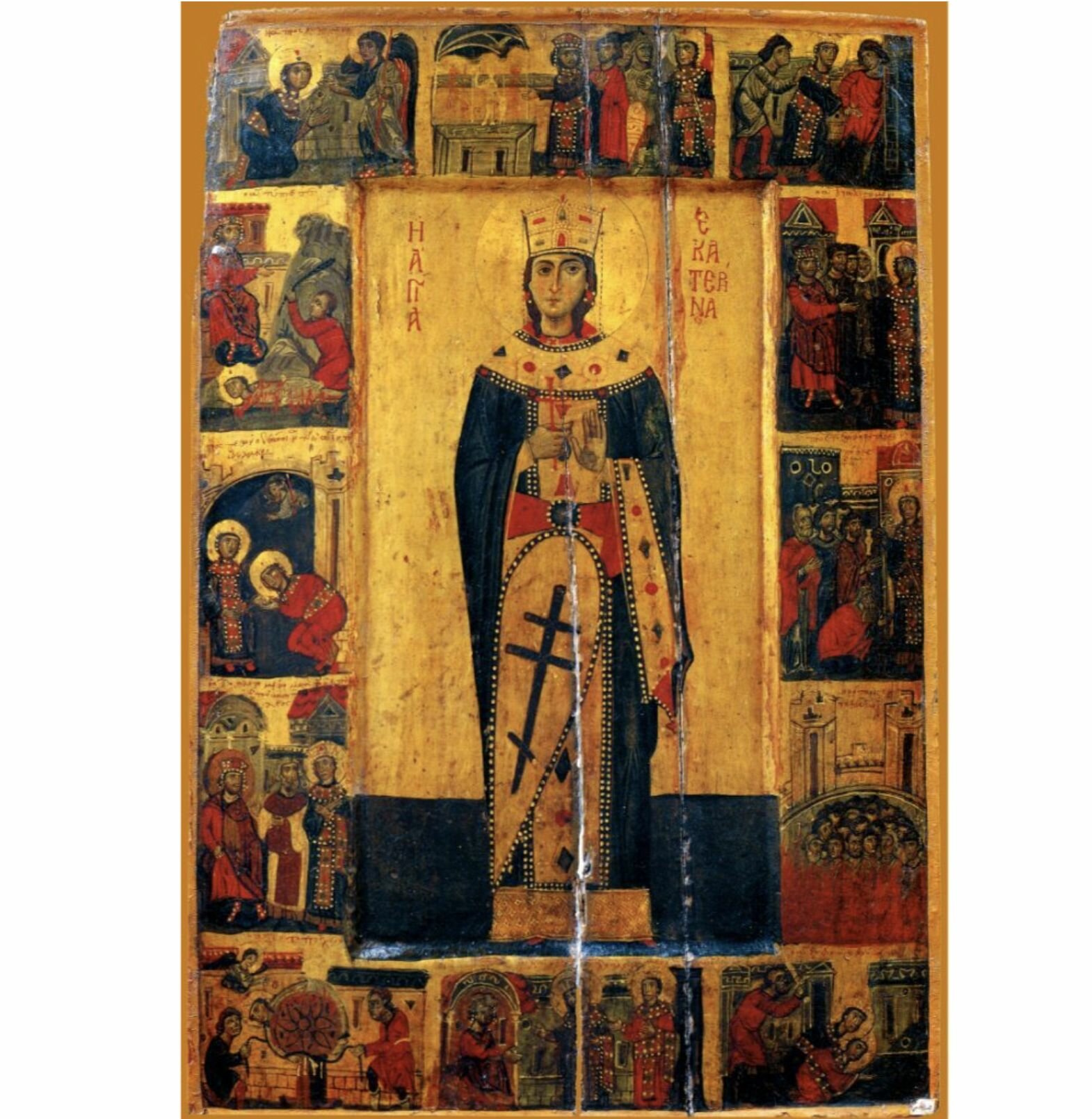 Екатерина Александрийская святая великомученица со сценами жизни деревянная икона на левкасе (33 см)