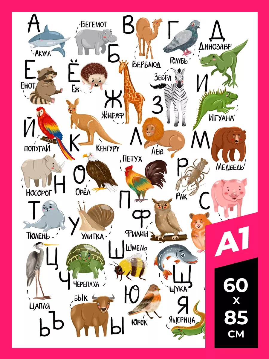Плакат постер русским алфавитом и азбукой Буквы и животные