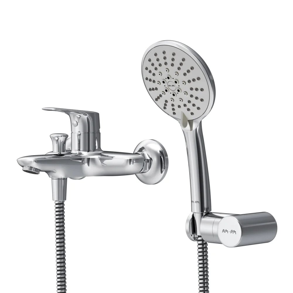 Смеситель для ванны с душем AM.PM Joy F85E15000 с душевым гарнитуром, настенный, однорычажный, хром, глянцевый, латунный, с керамическим картриджем