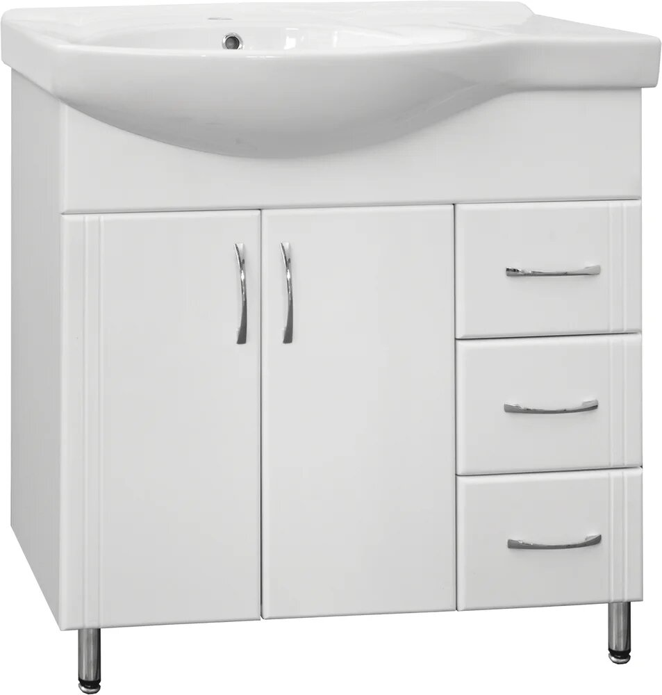Тумба под раковину без столешницы Style Line Эко Стандарт №25 82 напольная, белая, глянцевая, тумба для ванной, с ящиками, с дверками, с доводчиками