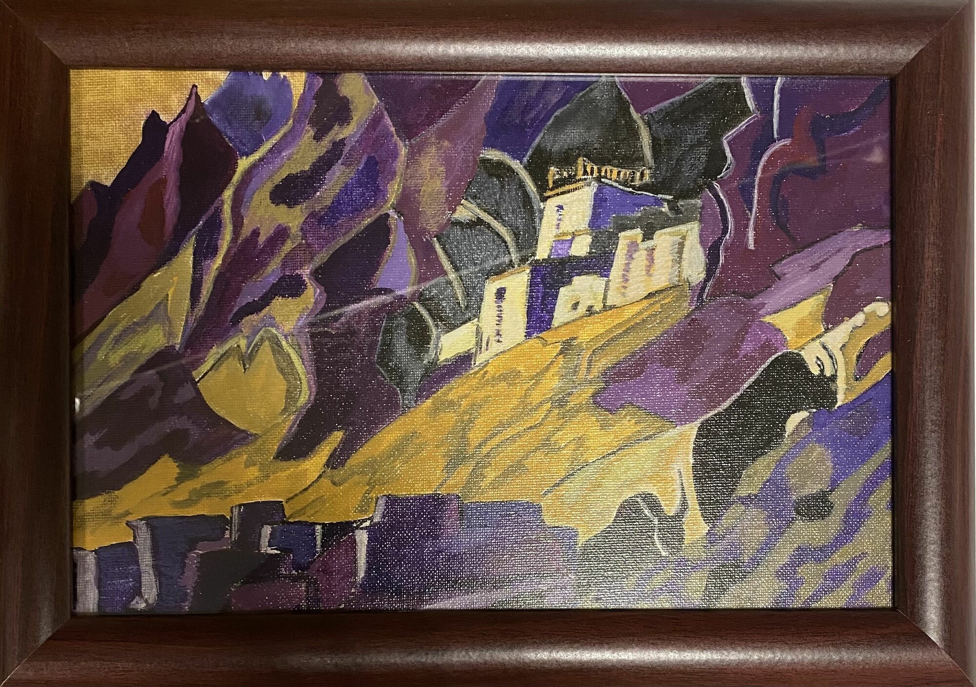 Картина в раме! Сиреневые горы. По мотивам Рериха. 20/30. Холст/ темпера. Художник Миляева НН.