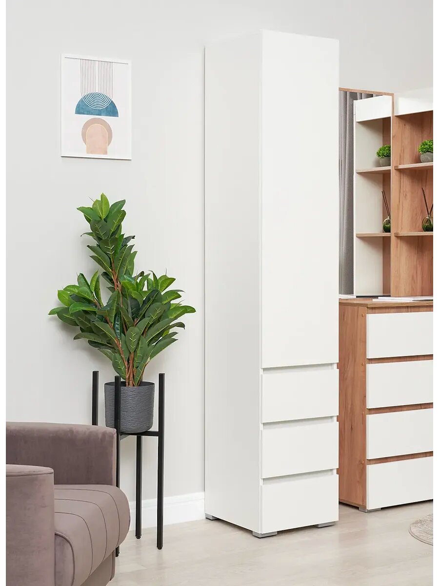 Пенал закрытый 40*210*46 см, с ящиками, с полками, ЛДСП, цвет- белый, Хелен ПН 03