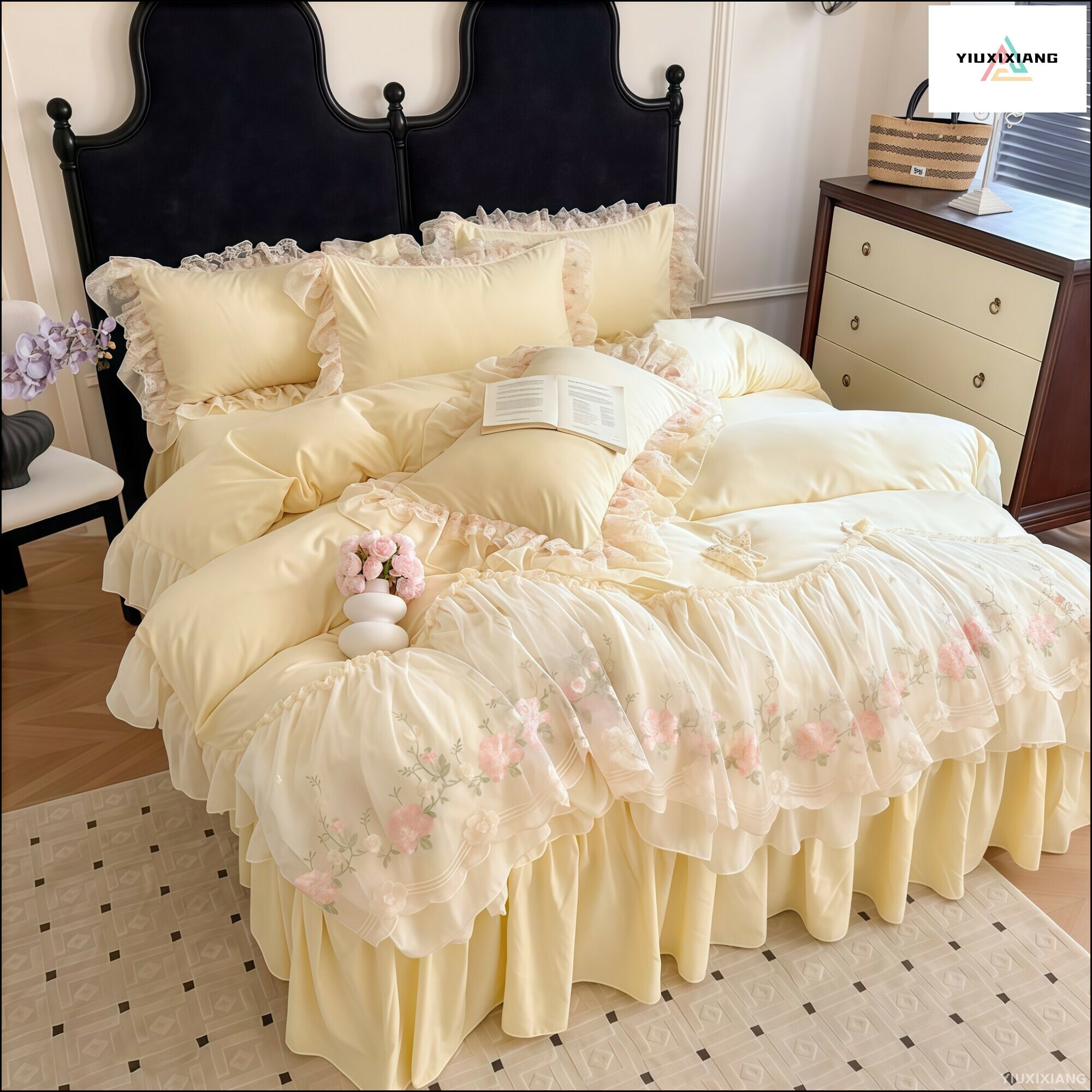 Комплект постельного белья Simple Ins Wind, хлопок, Юбка для кровати, желтый с цветами, 200×230