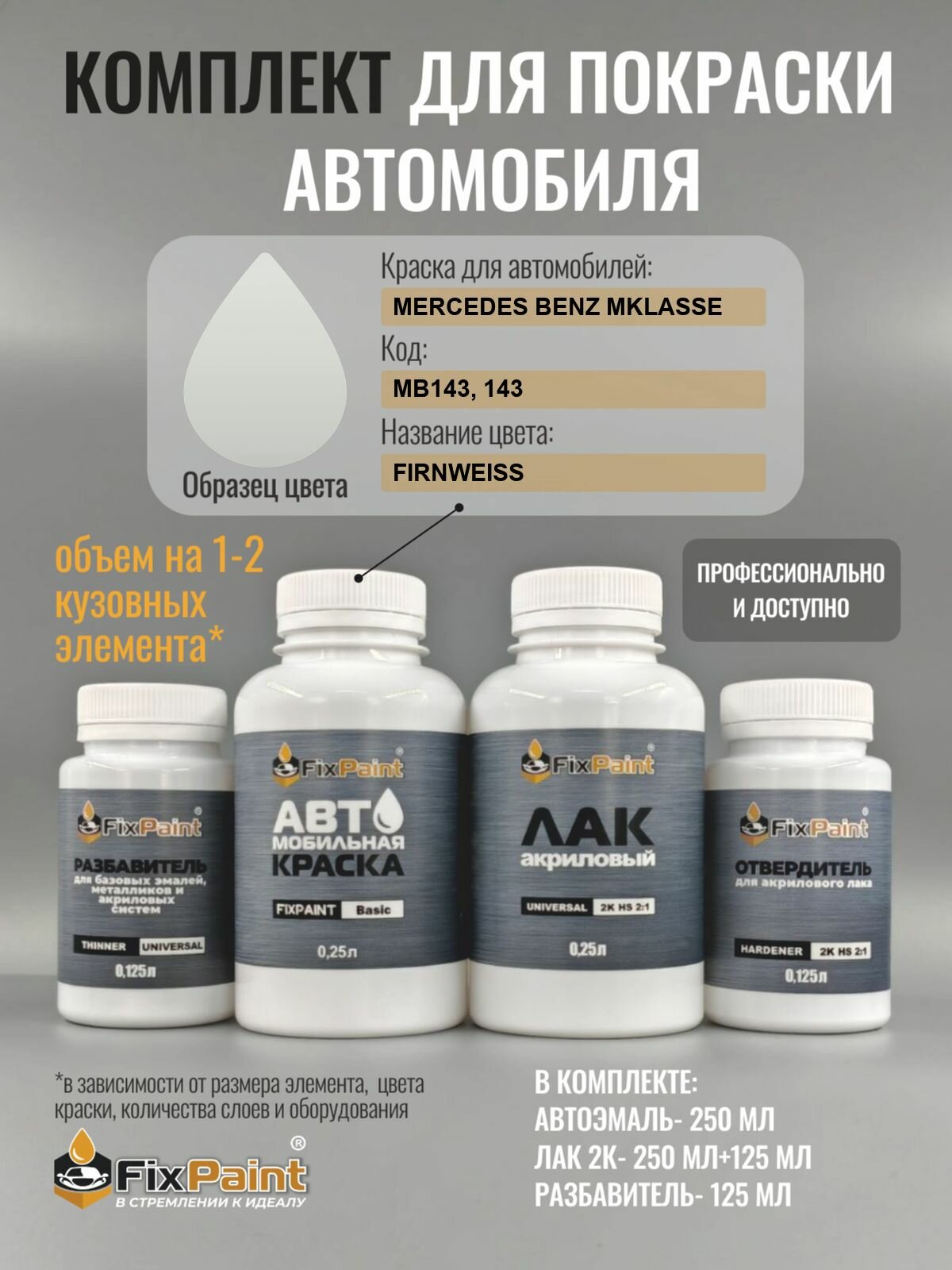 Комплект для покраски MERCEDES BENZ MKLASSE, код MB143, 143, FIRNWEISS, базовая автомобильная краска 250 мл, лак 2K 250 мл с отвердителем, разбавитель 125 мл, FixPaint Pro