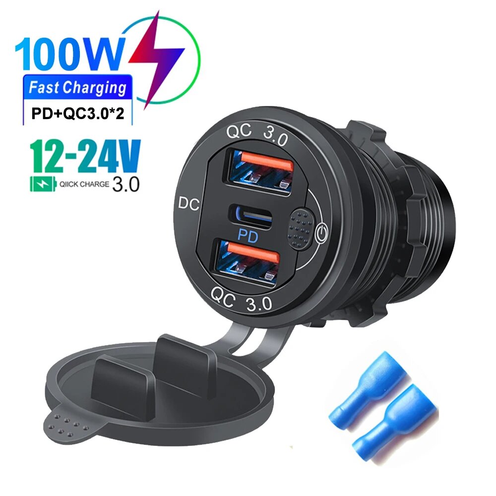 12 В/24 В USB Type-C Несколько автомобильных зарядных устройств Порты PD3.0 и QC3.0 Водонепроницаемые с сенсорным переключателем Быстрая зарядка Автомобильный адаптер для мотоцикла, Черный