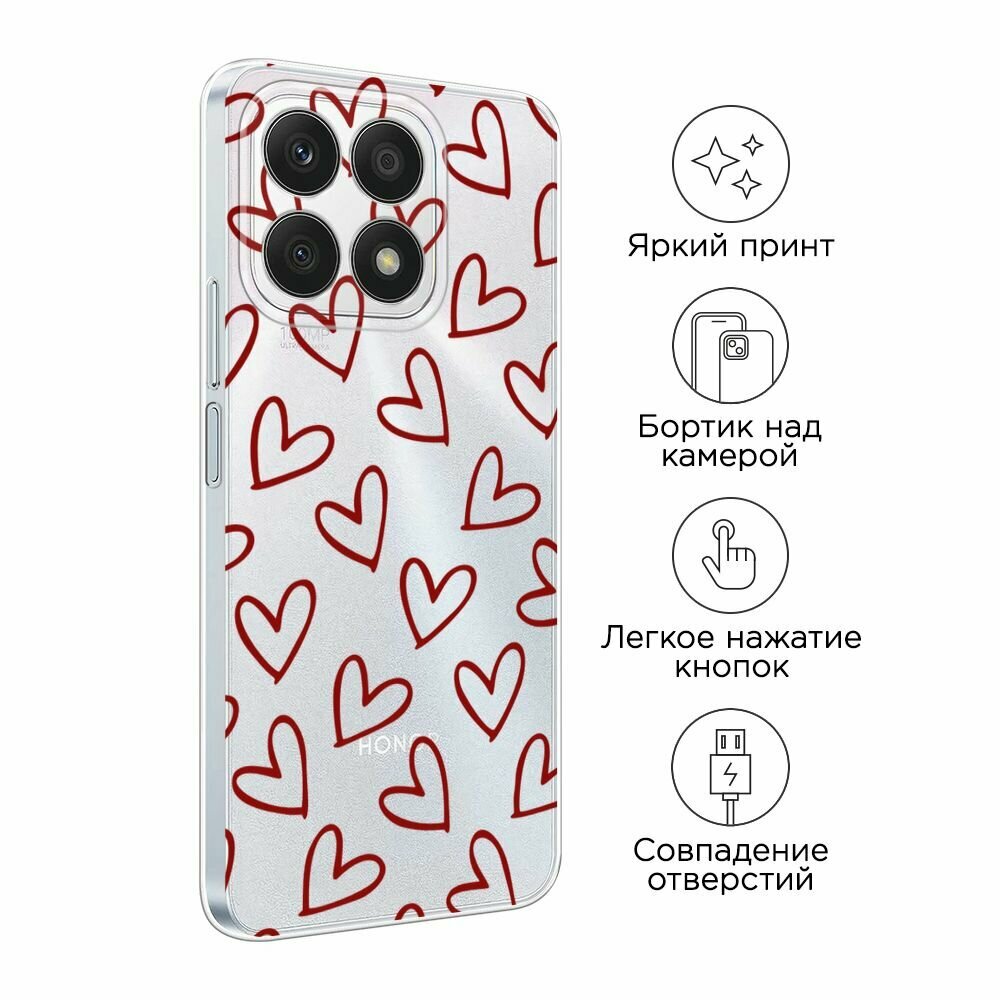 Чехол на Honor X8A / Хонор X8A с принтом "Little hearts doodles 2 - 14 февраля", прозрачный — фото 1