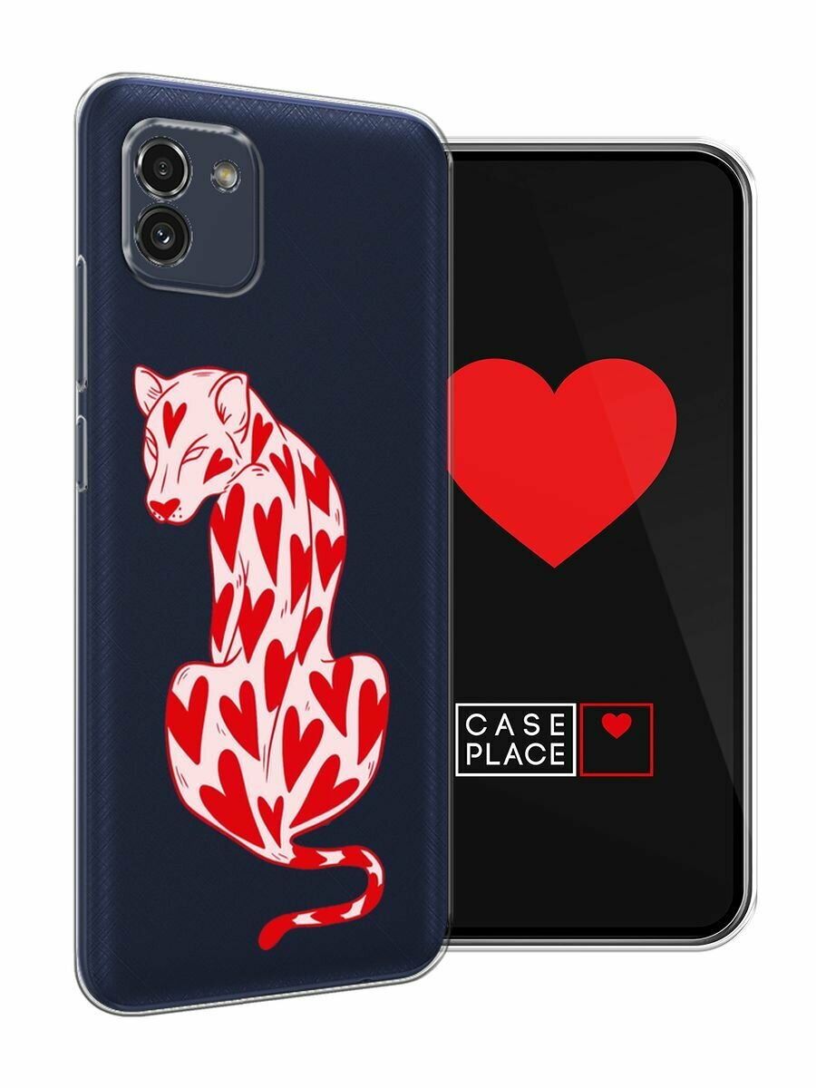 Чехол на Samsung Galaxy A03 / Самсунг Галакси А03 с принтом "Heart panther 2 - 14 февраля", прозрачный — фото 1