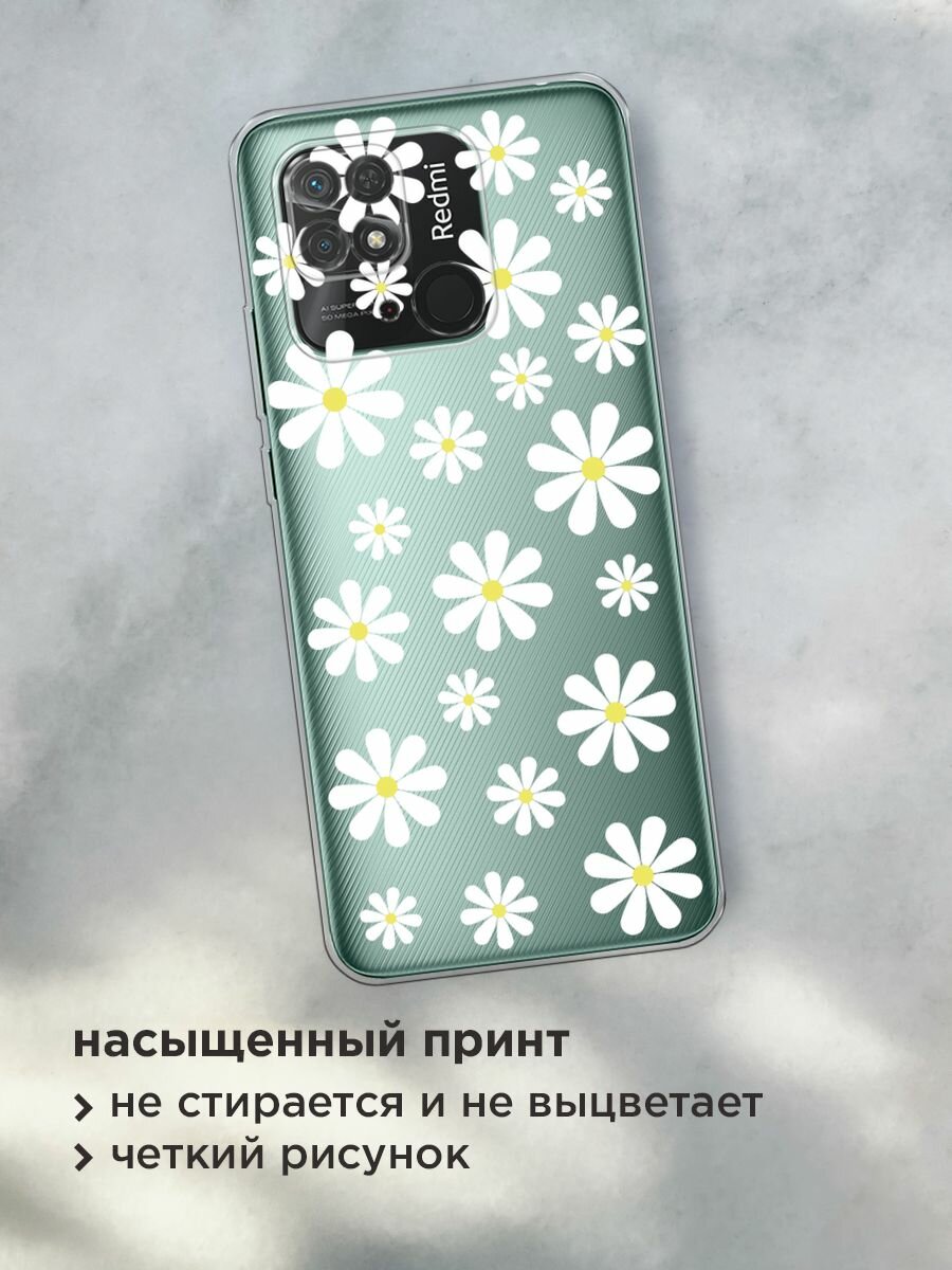 Чехол на Xiaomi Redmi 10C / Сяоми Редми 10C с принтом "Большие ромашки", прозрачный — фото 1