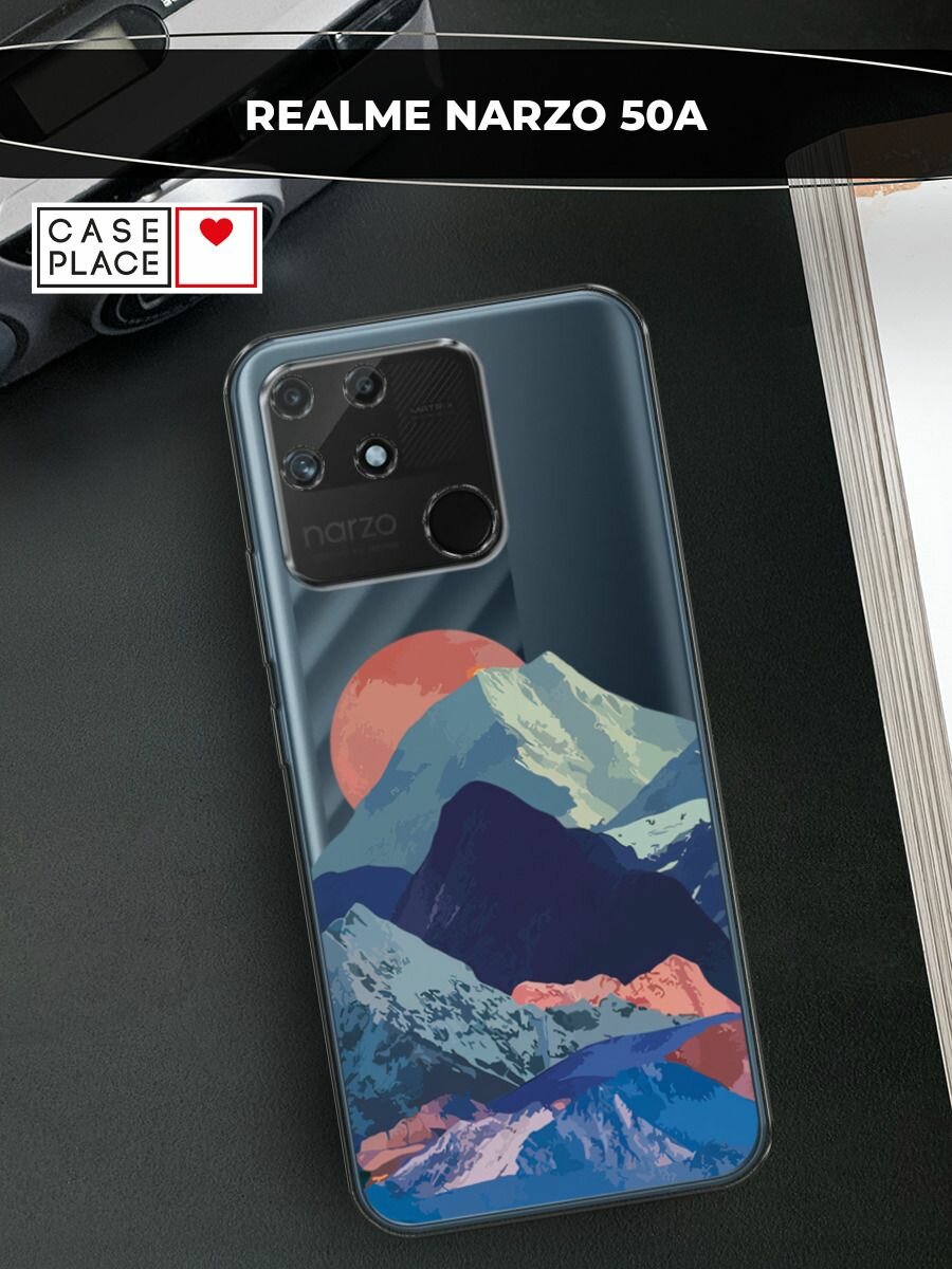 Чехол на Realme Narzo 50A / Реалми Нарзо 50A с принтом "Закат в снежных горах", прозрачный