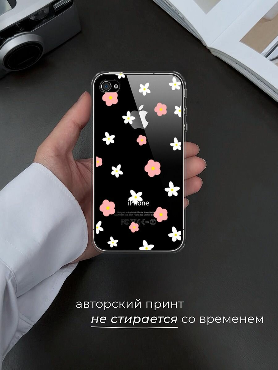 Чехол на Apple iPhone 4/4S / Айфон 4/4S с принтом "Розовые и белые цветы", прозрачный — фото 1