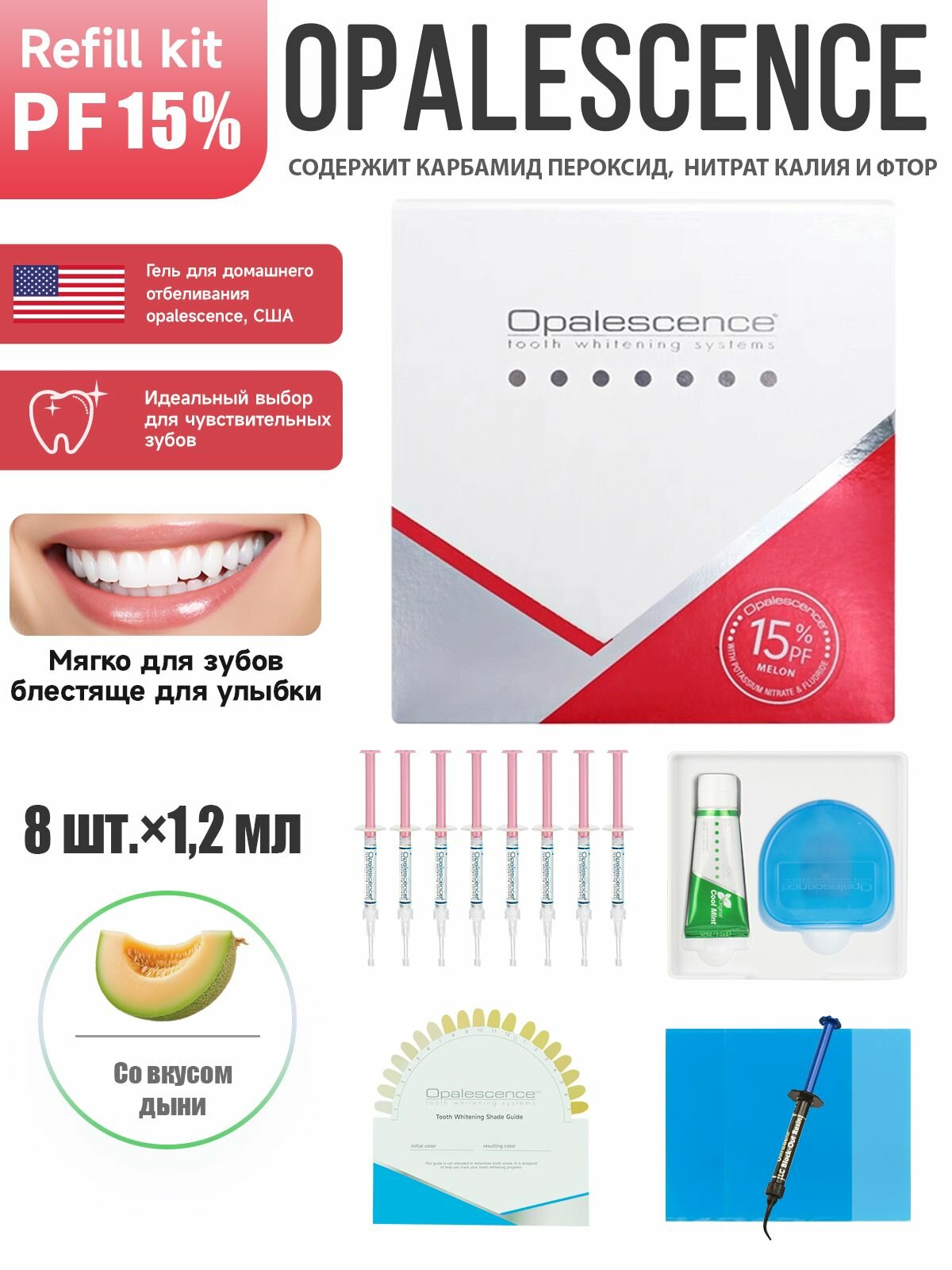 Opalescence PF 15% домашнее отбеливание зубов со вкусом дыни, 8 шприца