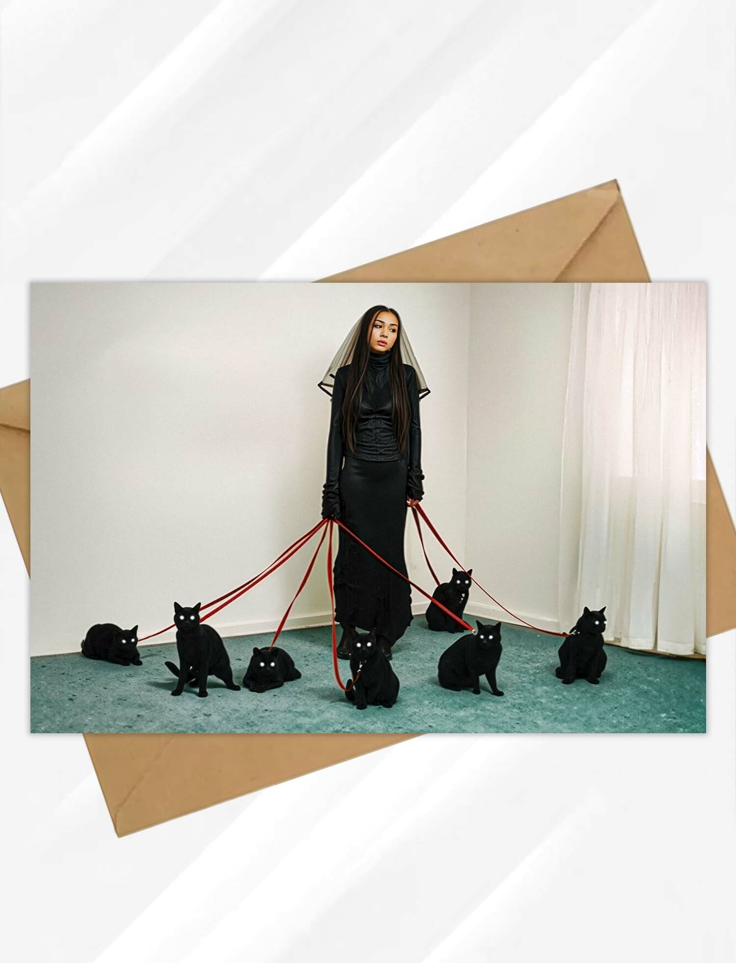 Открытка "Черные кошки" (подходит под рамку 10х15см, линовка, подставка)