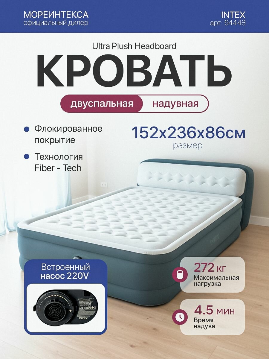 Кровать надувная Ultra Plush Intex 64448 152х236х86 см со встроенным насосом 220-240V