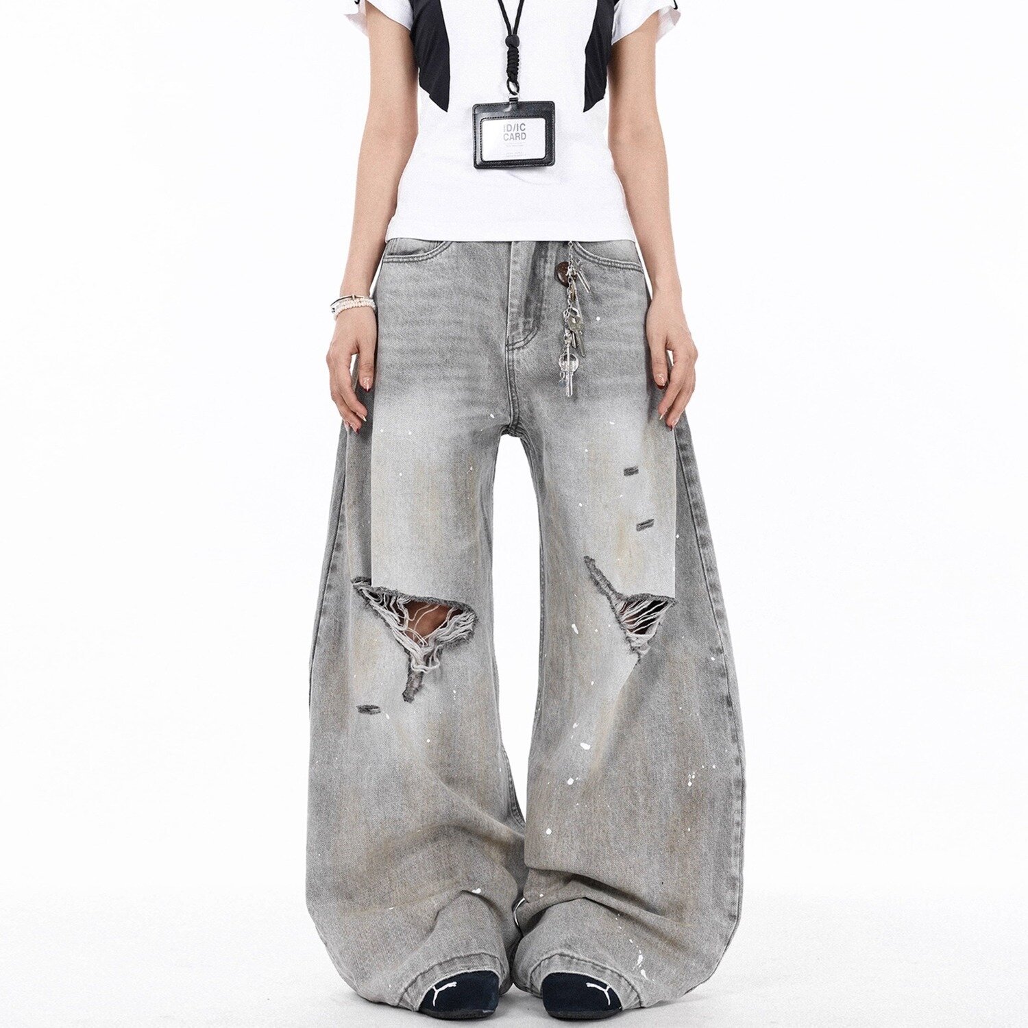Женские джинсы Версия повышения Американские винтажные рваные — ошитые серые прямые свободные cleanfit штаны