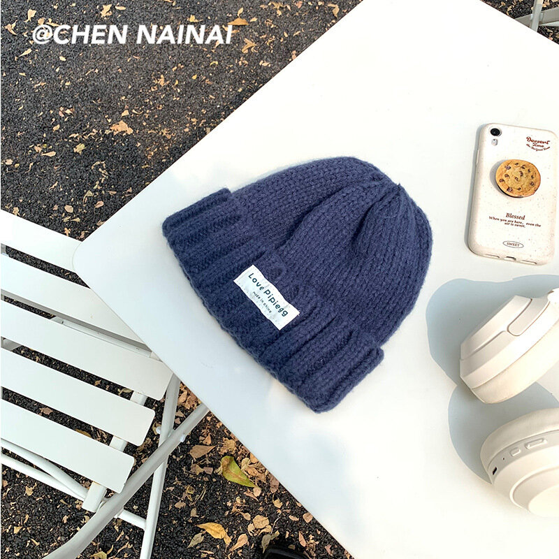Шерстяная вязаная шапка в японском стиле, женская осенне-зимняя теплая повседневная студенческая шапка в корейском стиле с эластичным носком, черная шапка