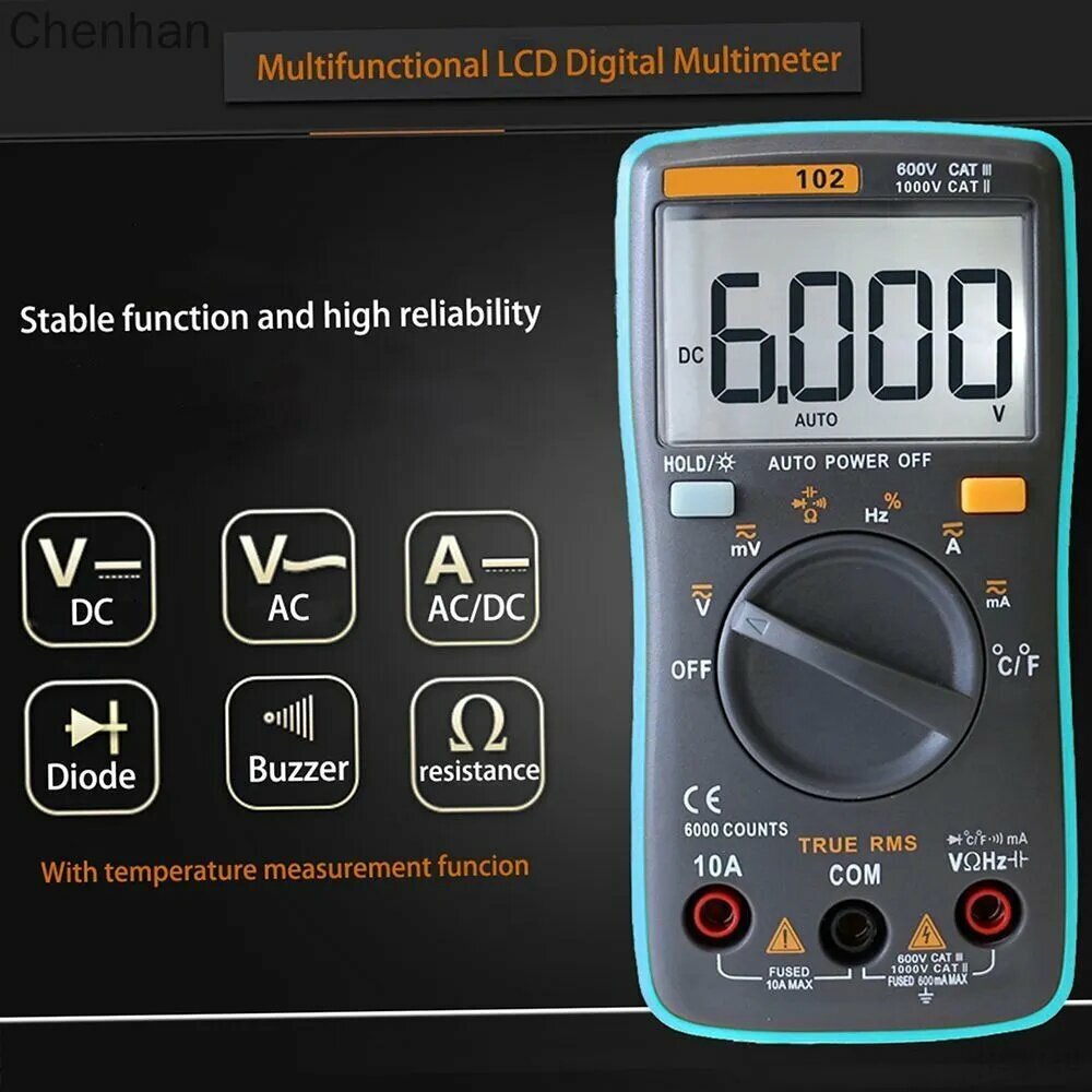 Мультиметр RICHMETERS RM102, цифровой, True RMS, LCD, с подсветкой, для температуры