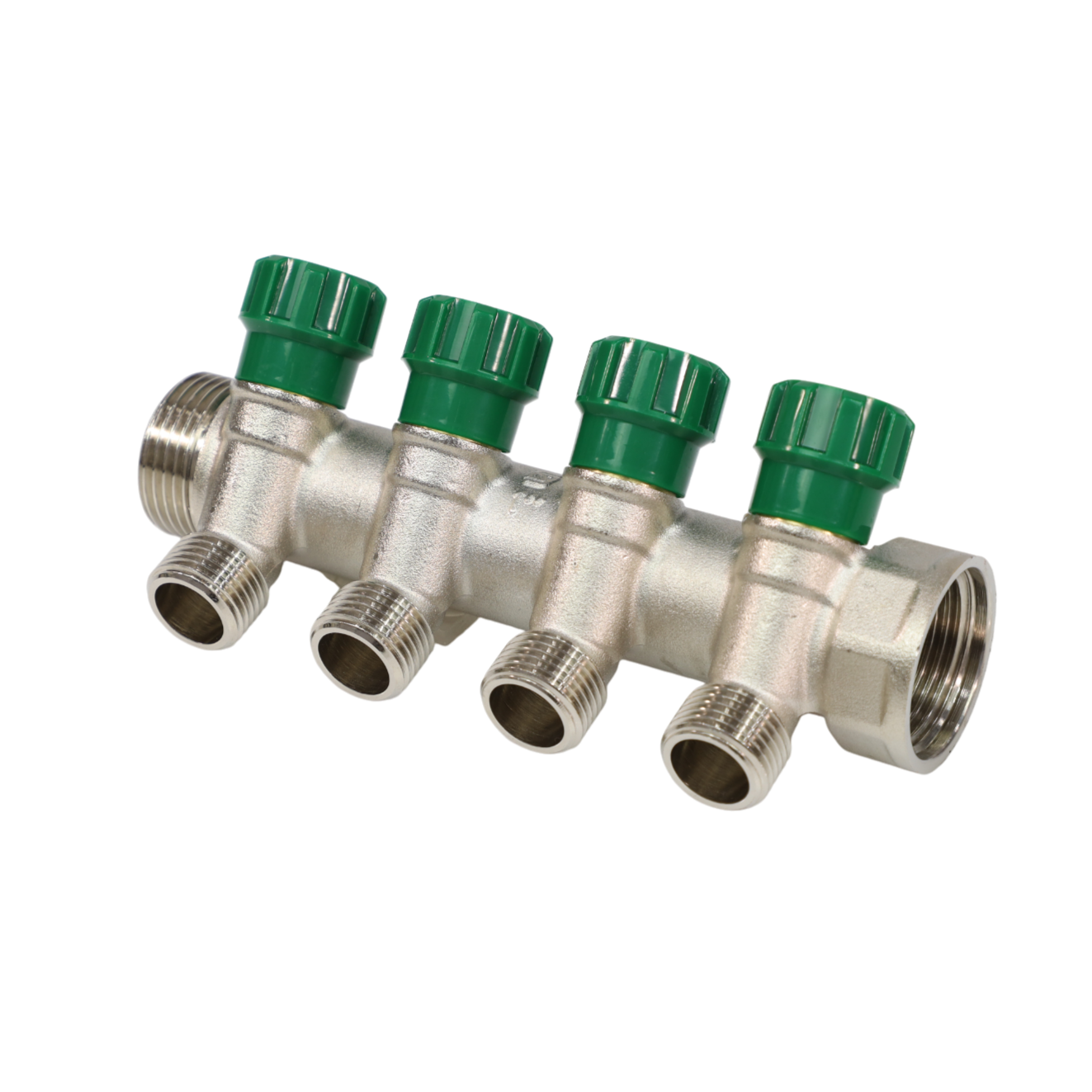 Коллектор латунь 1" ВР/НР на 4 вых 1/2" НР м/о 36мм под плоское уплотнение с регулирующими клапанами SantechSystems