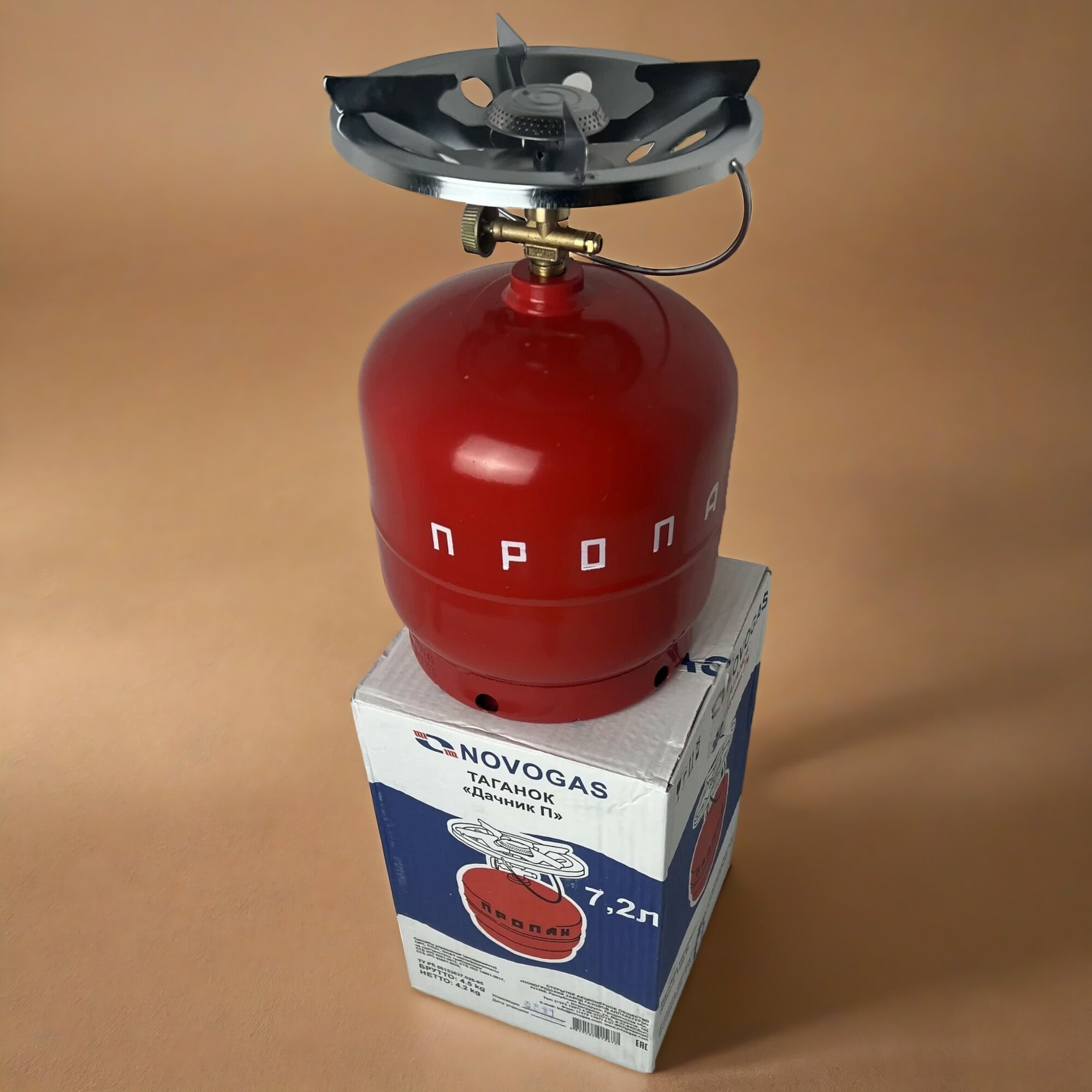 Таганок Новогаз П "Дачник" 7,2л туристический (баллон газовый пустой+ плитка-горелка), красный
