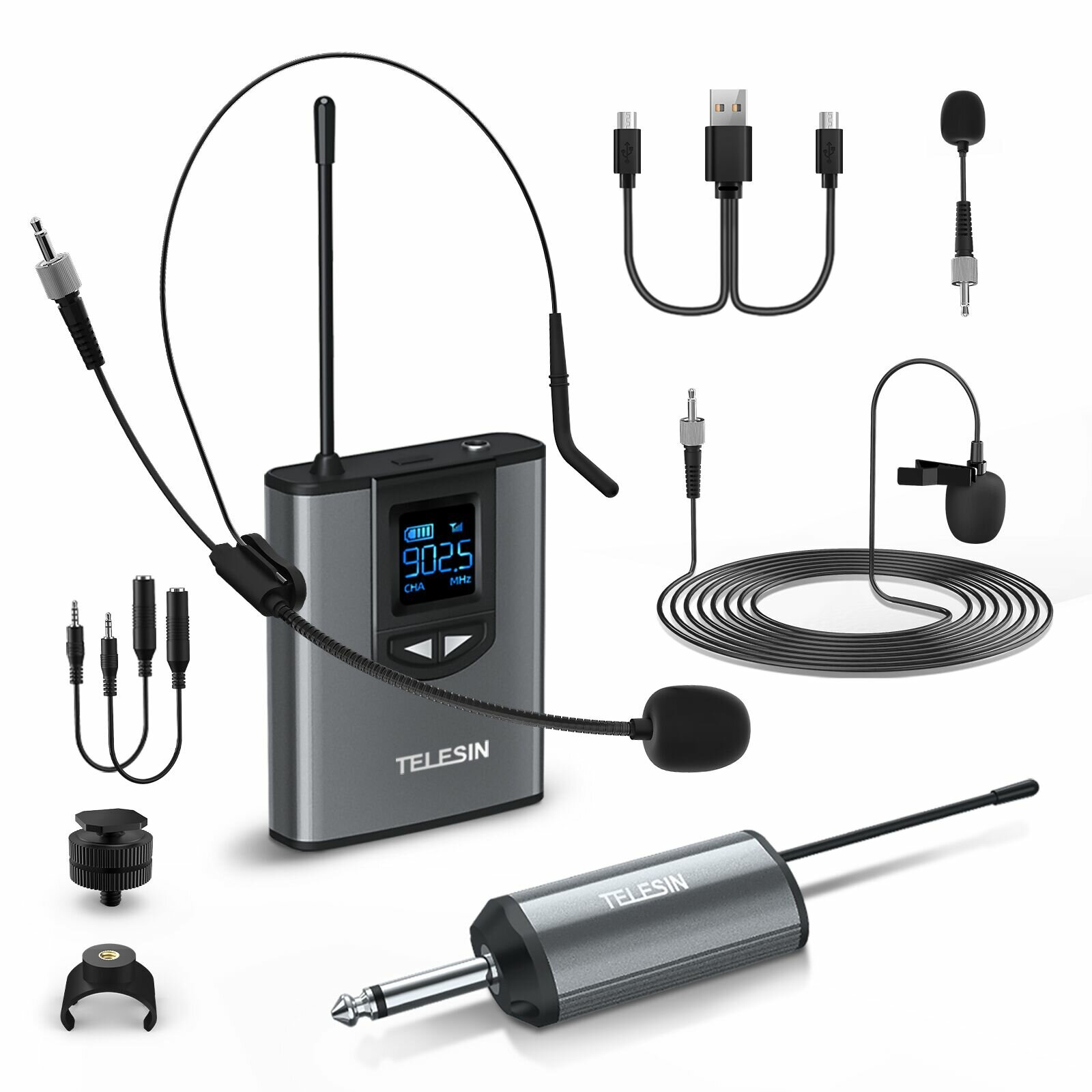 Микрофон беспроводной UHF MIC-UHF-02 Серый Алюминиевый сплав Дистанция передачи 50м Модуляция Цифровая 1 Передающий 1 Микроприемник 1 Лавальный микрофон 1 Наушной микрофон 1 Ручной микрофон Кабели для телефона SLR Коннектор