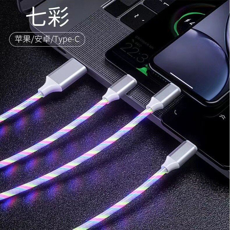 USB-C 3-в-1 автомобильный зарядный кабель с LED-подсветкой, быстрая зарядка для iPhone и Android устройств, цветная