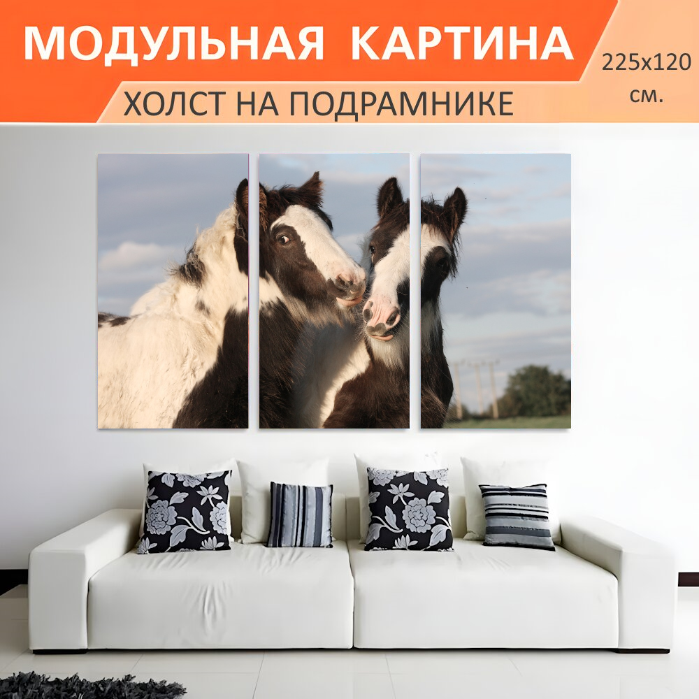 Модульная картина на холсте "Лошадь, цыганский конь, животное" триптих на подрамнике 225х120 см. для интерьера