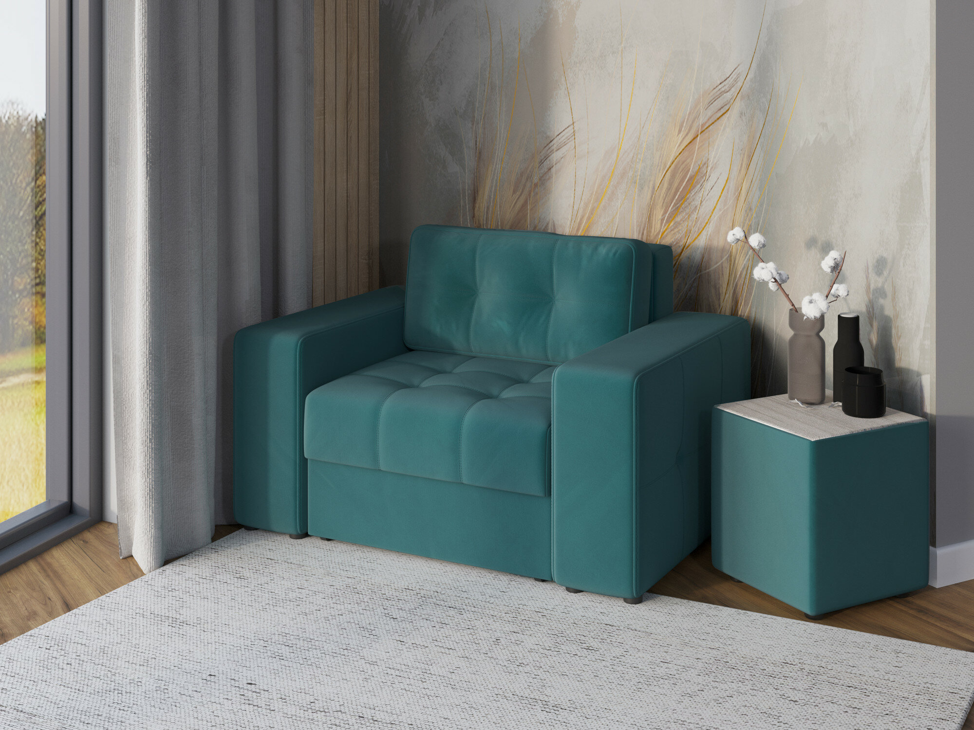 Кресло-кровать, спальное место 80х208, двухслойный велюр, Бирюза