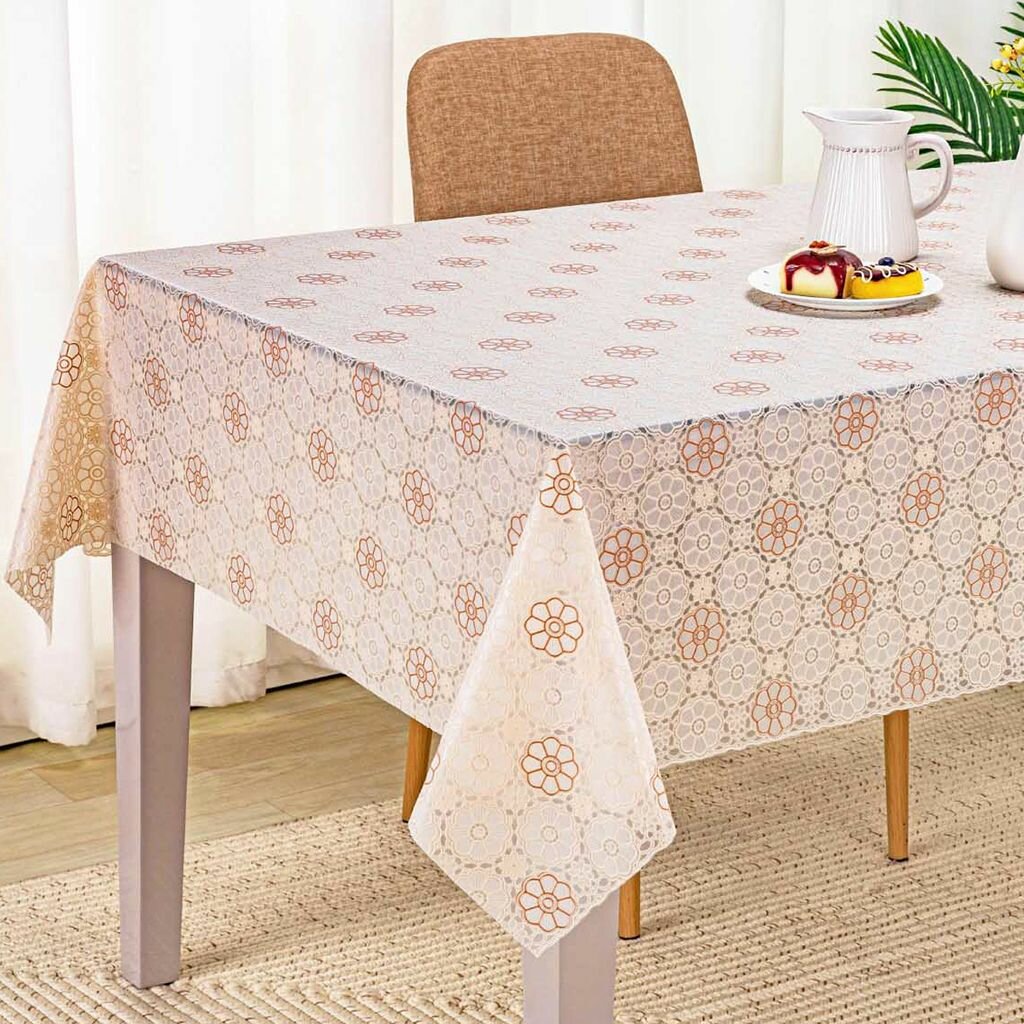 Скатерть ажурная Домашняя Мода "LACE" ПВХ "Елецкое кружево", 180х137 см, длина стола до 140 см, на 6 персон, бежевый фон, бежевое тиснение, матовая, на пленке, торговая марка (Ск-180/137)