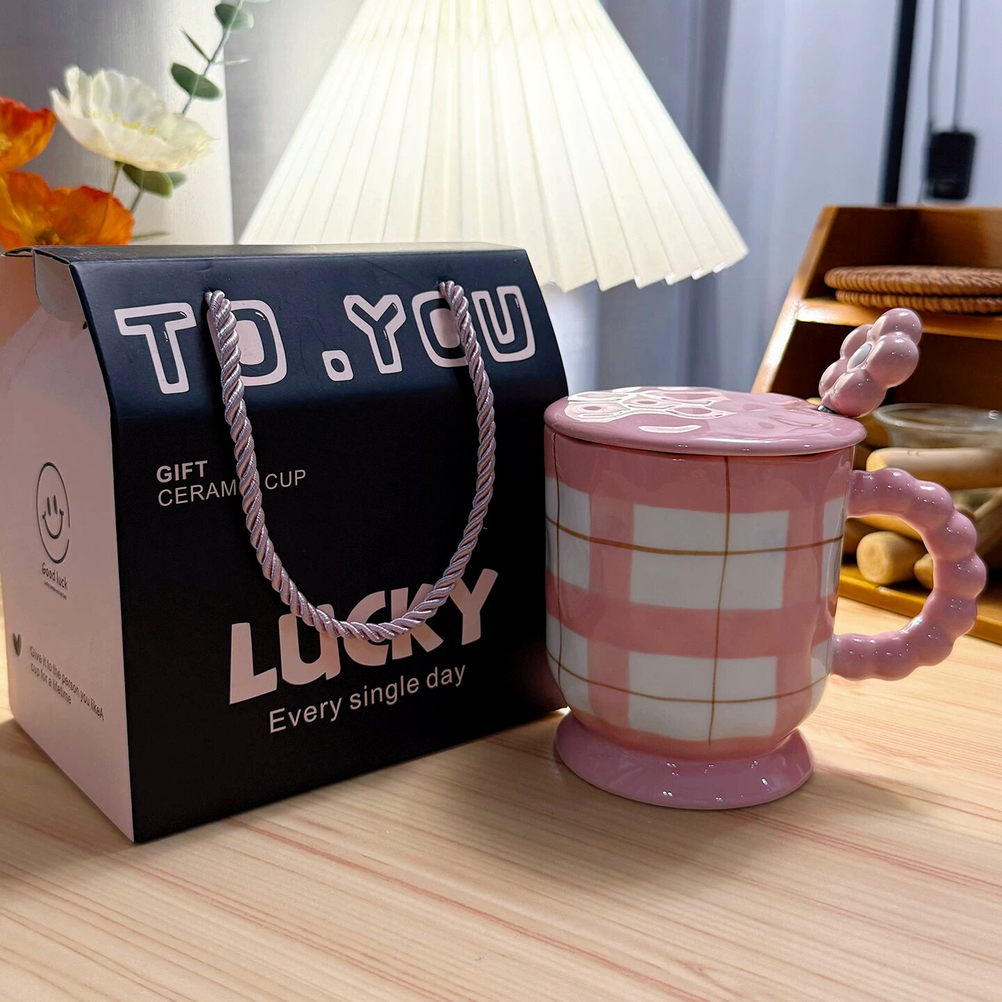 Фиолетовая кружка в клетку с крышкой и ложкой, керамическая чашка, парные чашки для воды, подарок на день рождения для