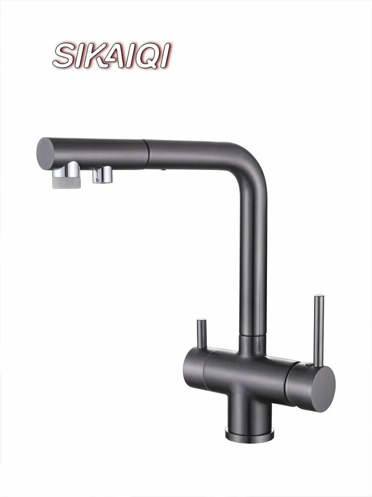 Смеситель для кухни SIKAIQI SQ-63138 3 в 1 с подключением фильтра, выдвижным изливом / Латунь / Серый