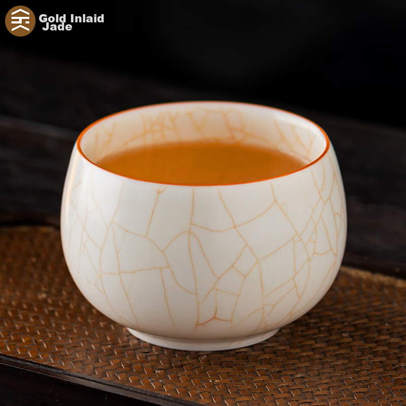 Gold-Inlaid Jade Tea Cup Master Cup, Tea Set White Porcelain Ru Kiln Open-Fired Gift Box, White Ru Luohan Cup