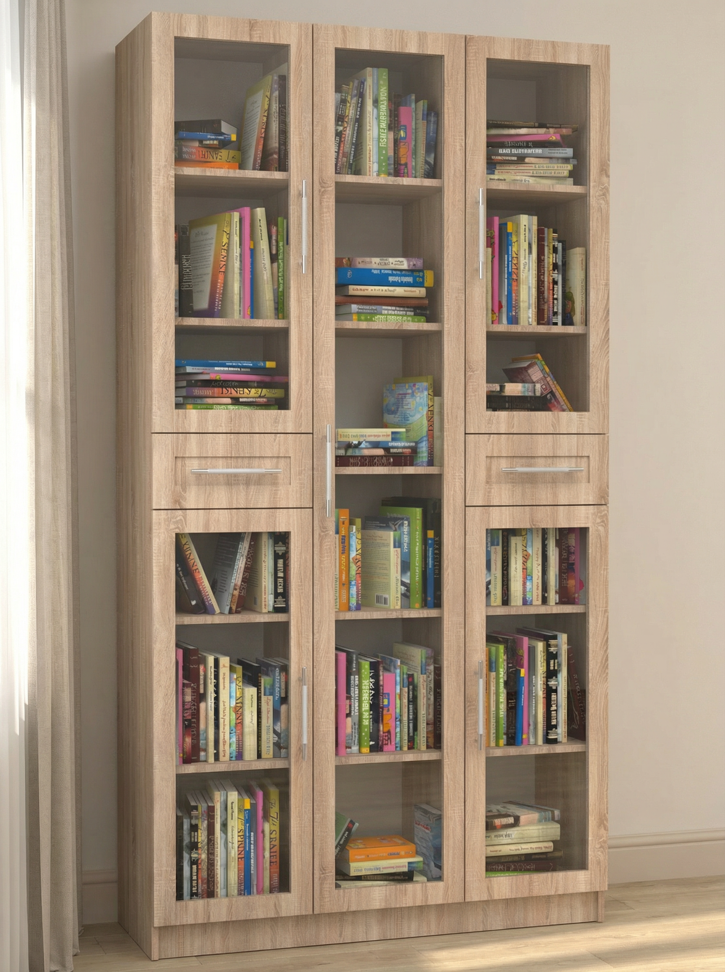 Шкаф книжный трехстворчатый Вита 3-10 с 2 ящиками, ШхГхВ: 102х38х210 см, дуб сонома