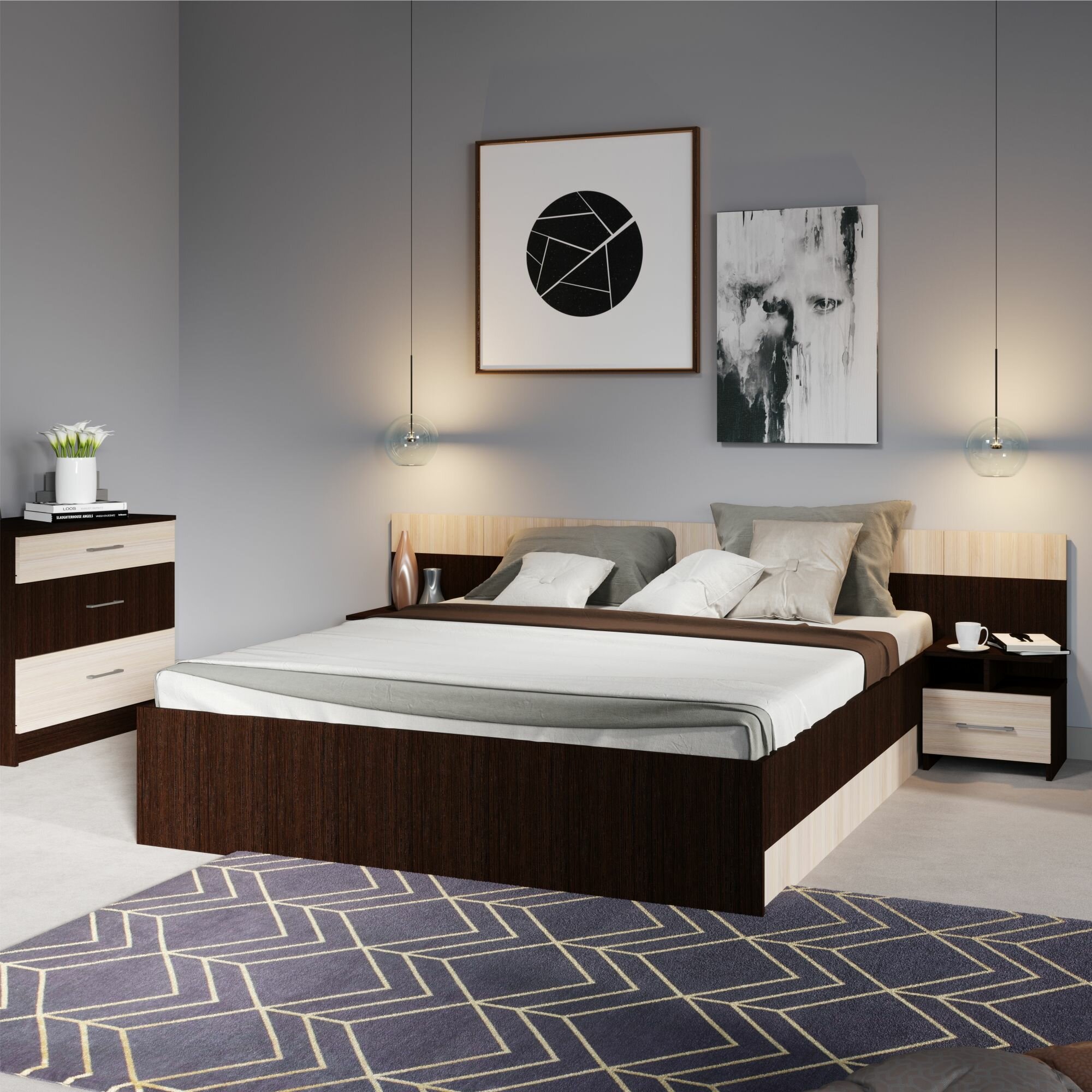 Комплект мебели для спальни Imperial "Алена", ЛДСП, цвет венге, дуб молочный, с тумбой