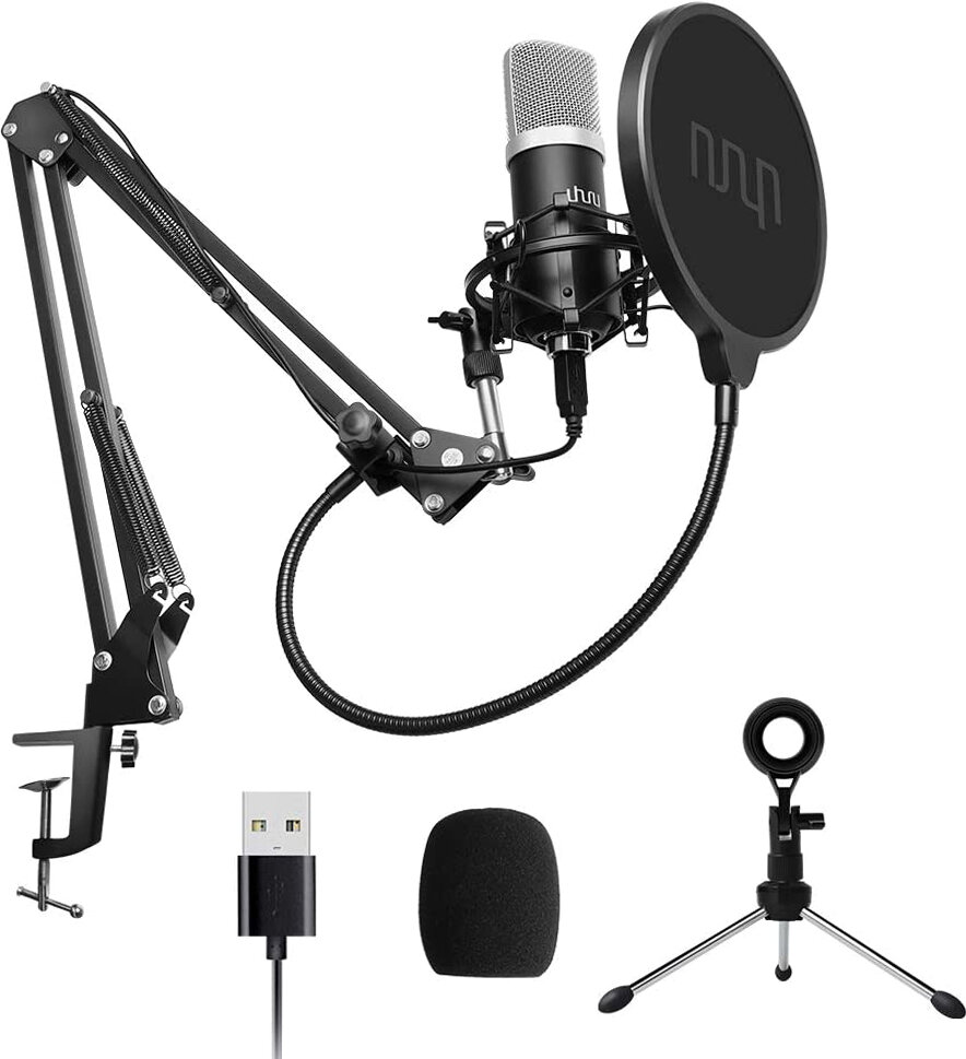 USB Конденсаторный Микрофон с Рычажной Стойкой Настольным Триподом Поп-Фильтром Ветровым Фильтром для Лайв-Стриминга Записи Музыки Черного Цвета Кардиоидная Директива В комплект входят 1 Микрофон 1 Ветровой Фильтр 1 Поп-Фильтр 1 Рычажная Стойка 1 Клемма