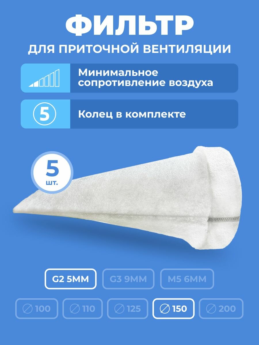 Фильтр канальный G2 150мм для приточной вентиляции в комплекте 5 штук, фильтр для бризера