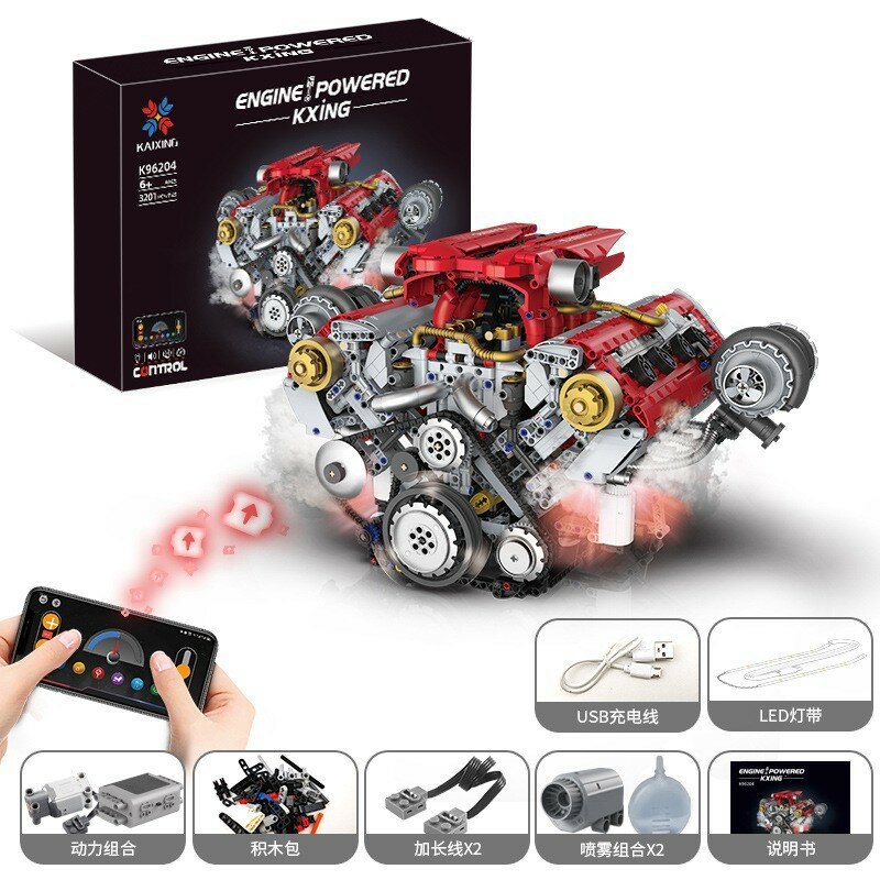 Модель двигателя V8 автомобиля Ferrari 2003 года, сборная механическая модель (с подсветкой, распылителем и приложением).