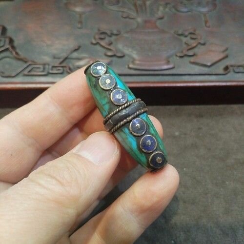 Антикварный бирюзовый кулон с бусиной Дзи, старая патина, тибетское коллекционное украшение