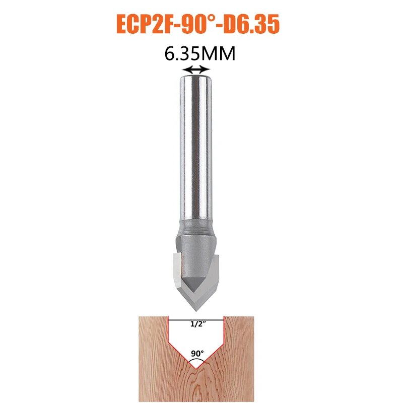 1 шт. V-образные концевые фрезы 3D-фрезы из твердосплавной стали V-образные концевые фрезы с фаской Деревообрабатывающие фрезы, 60 90 градусов хвостовик 6 8 1/4 дюйма ECP2F-90-D6.35
