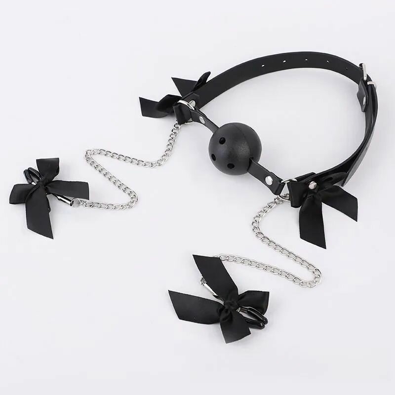 Аксессуар БДСМ, Кляп для рта с кольцами и зажимами для сосков, силикон, черный